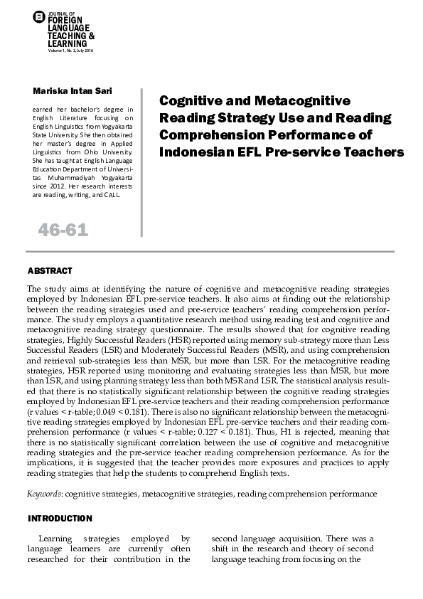 Pdf Cognitive And Metacognitive Reading Strategy Use And Reading Comprehension Performance Of