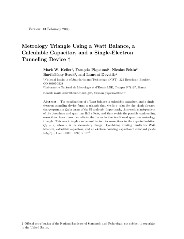 (PDF) Metrology triangle using a Watt balance, a calculable capacitor ...