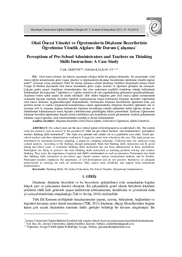 (PDF) Perceptions of Pre-School Administrators and Teachers on Thinking ...