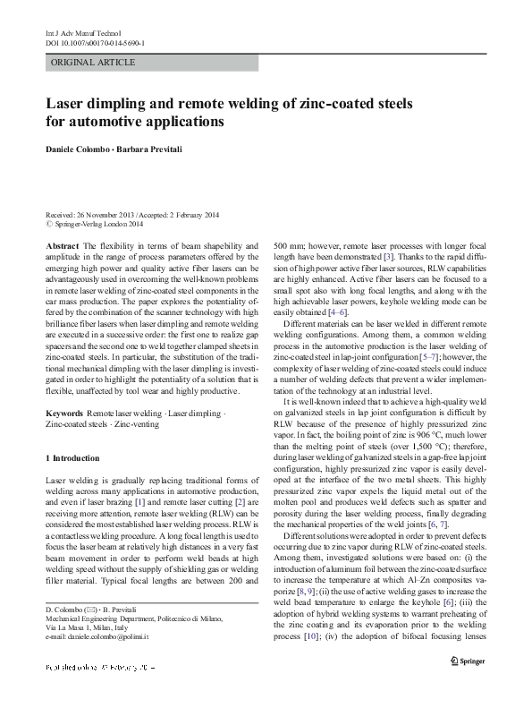 (PDF) Laser dimpling and remote welding of zinc-coated steels for ...