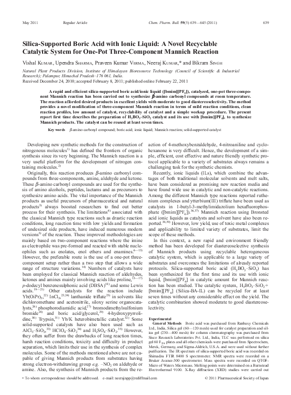(PDF) Silica-Supported Boric Acid with Ionic Liquid: A Novel Recyclable Catalytic System for One ...
