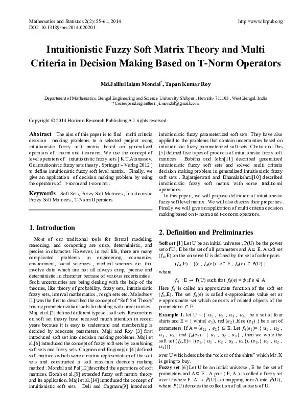 Pdf Intuitionistic Fuzzy Soft Matrix Theory And Multi Criteria In