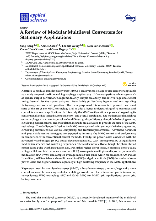 Pdf A Review Of Modular Multilevel Converters For Stationary Applications