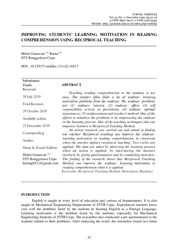 (PDF) Improving Students’ Learning Motivation in Reading Comprehension Using Reciprocal Teaching