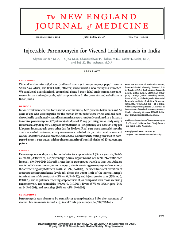 (PDF) Injectable Paromomycin for Visceral Leishmaniasis in India