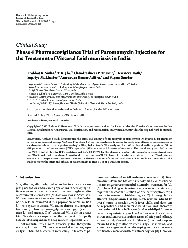 (PDF) Phase 4 Pharmacovigilance Trial of Paromomycin Injection for the ...