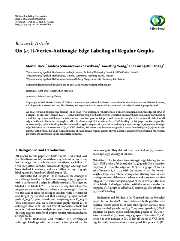 (PDF) On ( a , 1 ) -Vertex-Antimagic Edge Labeling of Regular Graphs