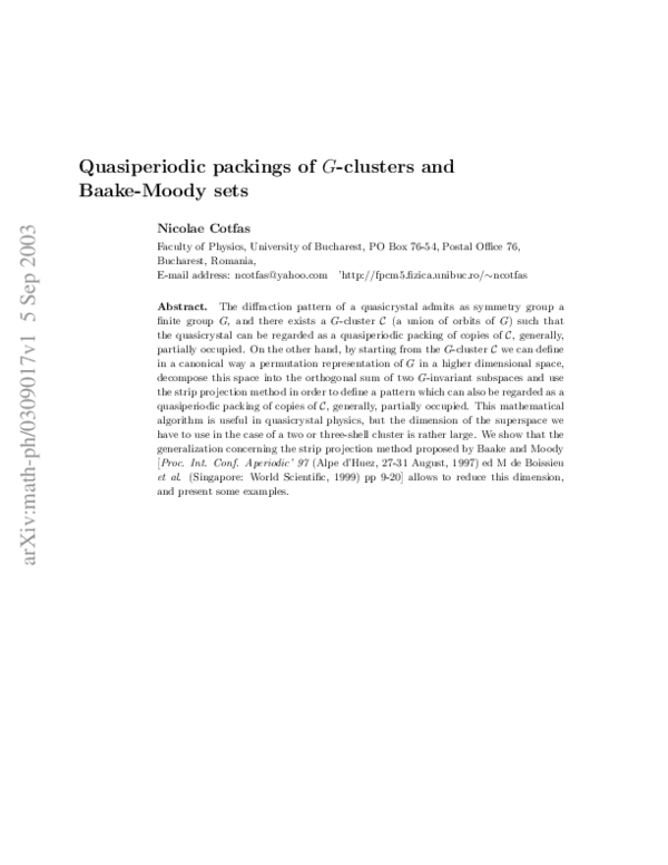 (PDF) Quasiperiodic packings of G-clusters and Baake-Moody sets