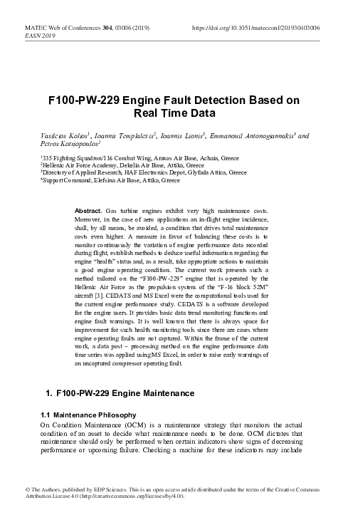 (PDF) F100-PW-229 Engine Fault Detection Based on Real Time Data