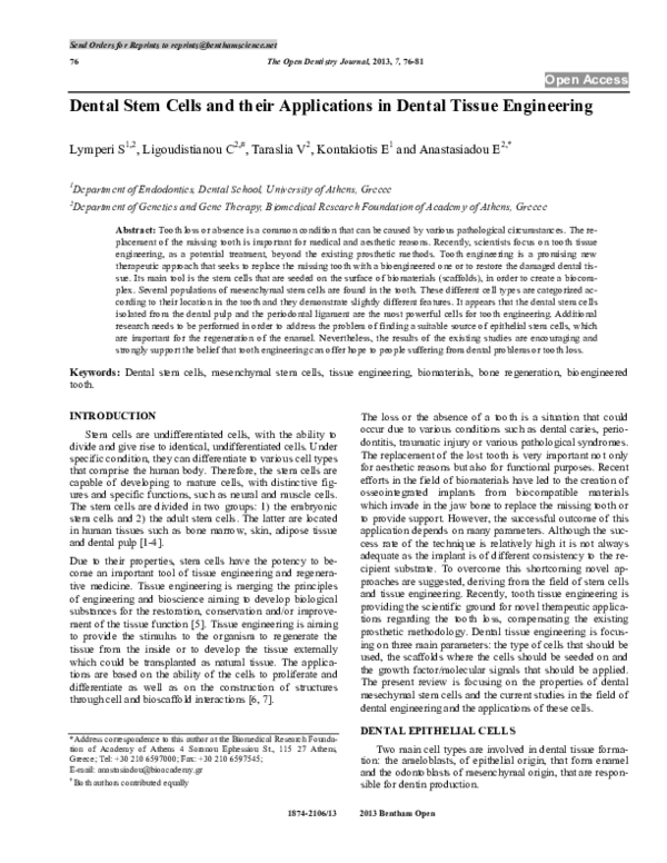 (PDF) Dental Stem Cells and their Applications in Dental Tissue Engineering