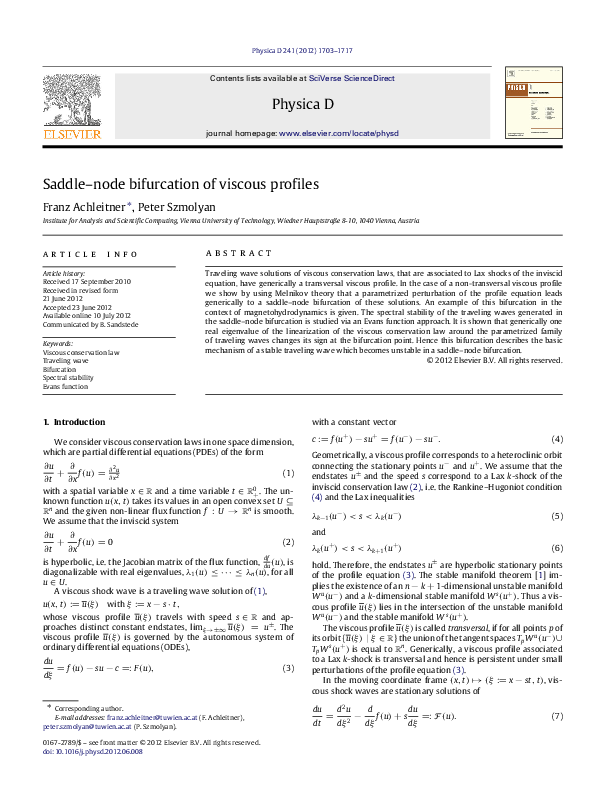 (PDF) Saddle–node bifurcation of viscous profiles