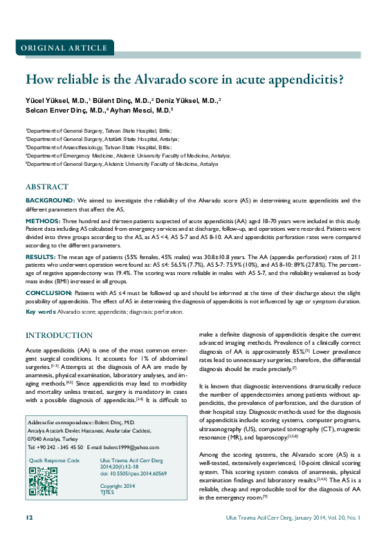 (PDF) How reliable is the Alvarado score in acute appendicitis?