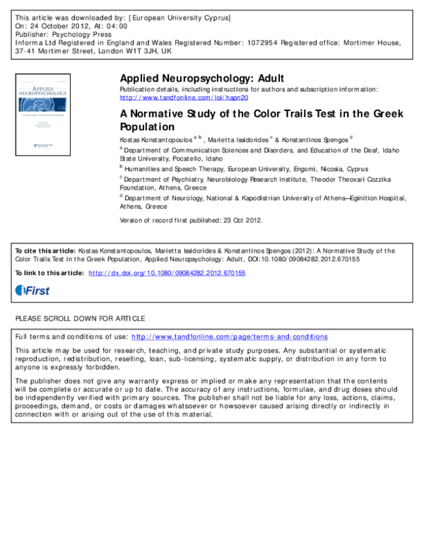 (PDF) A Normative Study of the Color Trails Test in the Greek Population