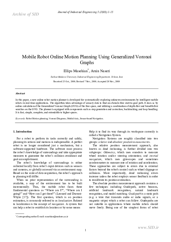 Pdf Mobile Robot Online Motion Planning Using Generalized Voronoi Graphs