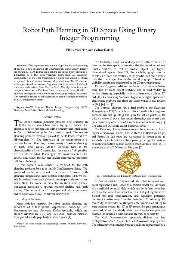 (PDF) Robot Path Planning In 3D Space Using Binary Integer Programming