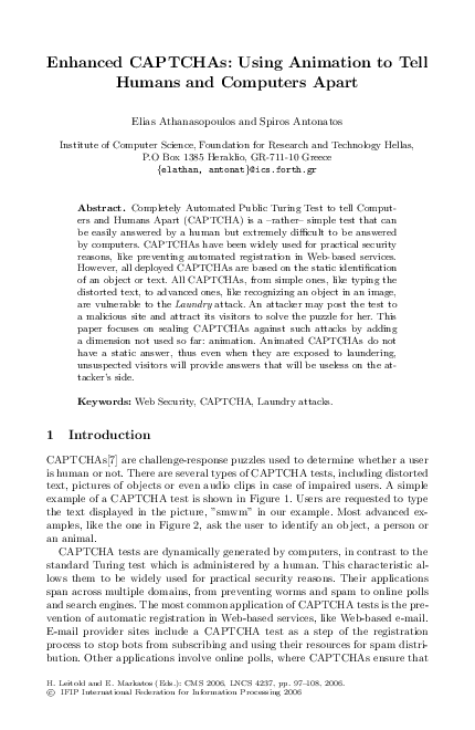 (PDF) Enhanced CAPTCHAs: Using Animation to Tell Humans and Computers Apart