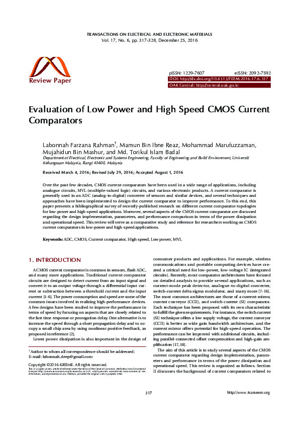 Pdf Evaluation Of Low Power And High Speed Cmos Current Comparators