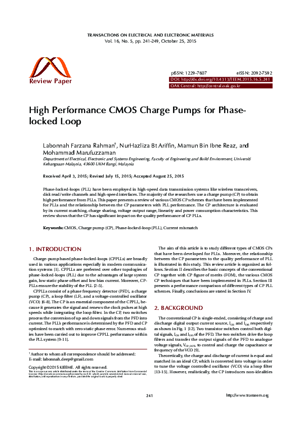 (PDF) High Performance CMOS Charge Pumps for Phase-locked Loop
