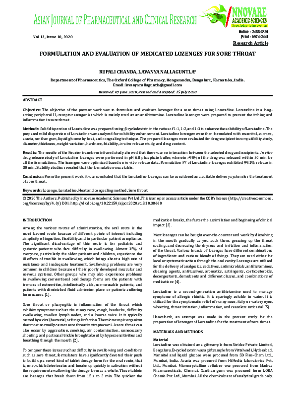 (PDF) Formulation and Evaluation of Medicated Lozenges for Sore Throat