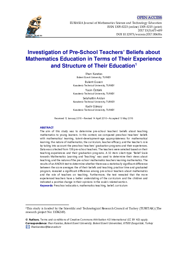(PDF) Investigation of Pre-School Teachers’ Beliefs about Mathematics ...