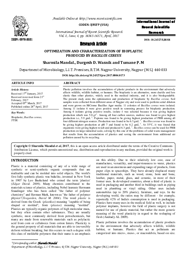 (PDF) Optimization and characterization of bioplastic produced by bacillus cereus | Sharmila ...
