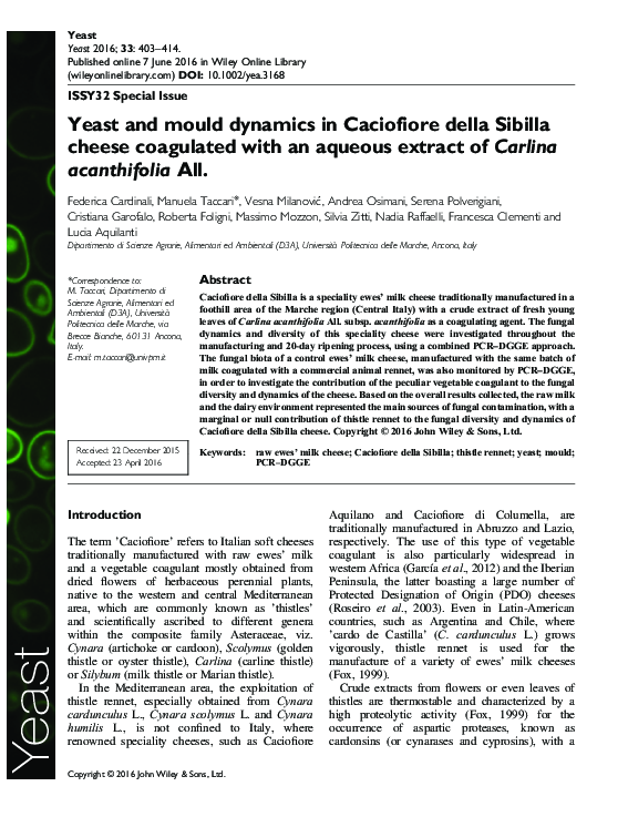 (PDF) Yeast and mold dynamics inCaciofiore della Sibillacheese ...