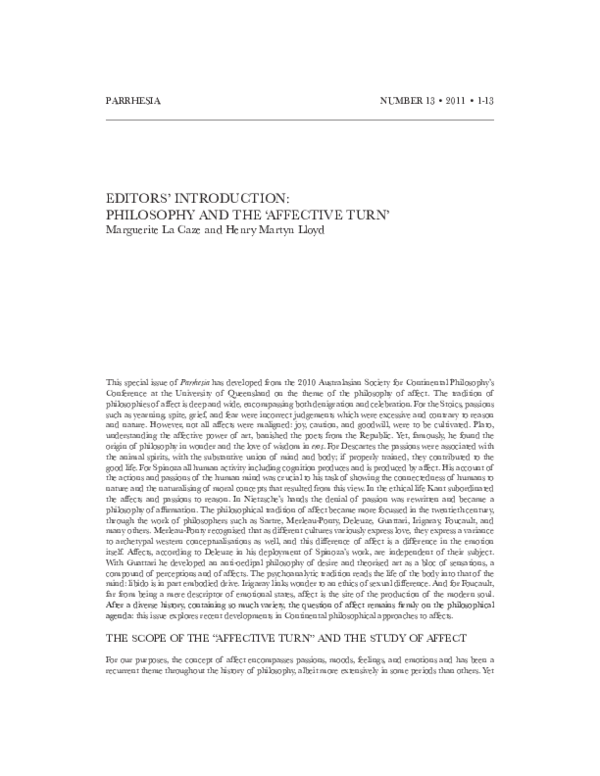 (PDF) Editor’s Introduction: Philosophy and the ‘Affective Turn’