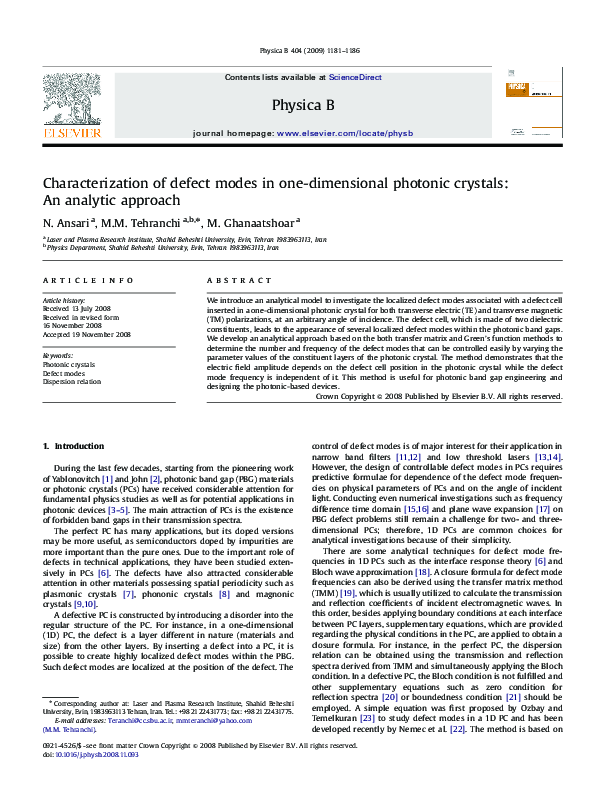 (PDF) Characterization of defect modes in one-dimensional photonic crystals: An analytic approach