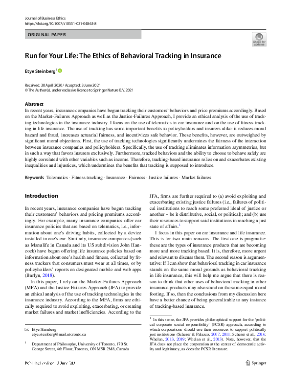 (PDF) Run for Your Life: The Ethics of Behavioral Tracking in Insurance
