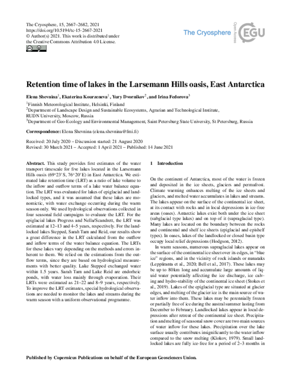 (PDF) Retention time of lakes in the Larsemann Hills oasis, East Antarctica
