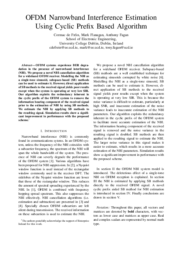 (PDF) OFDM narrowband interference estimation using cyclic prefix based algorithm