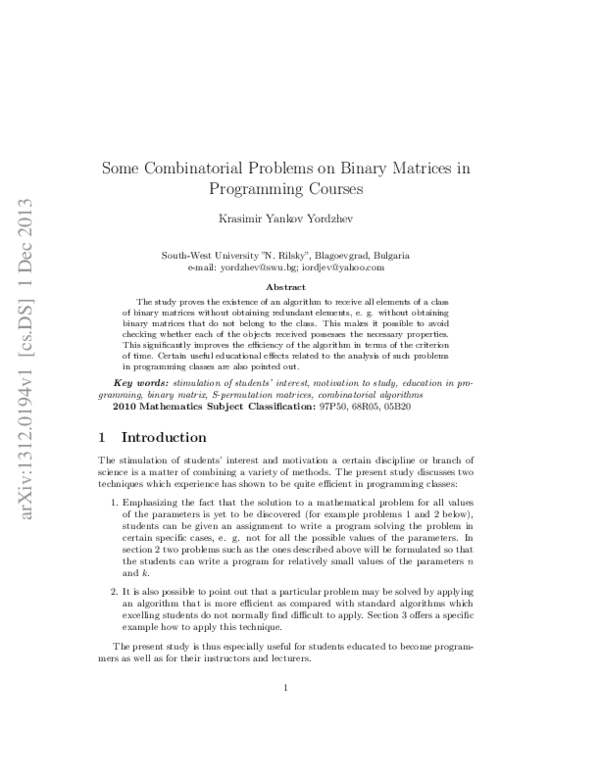 (PDF) Some Combinatorial Problems on Binary Matrices in Programming Courses