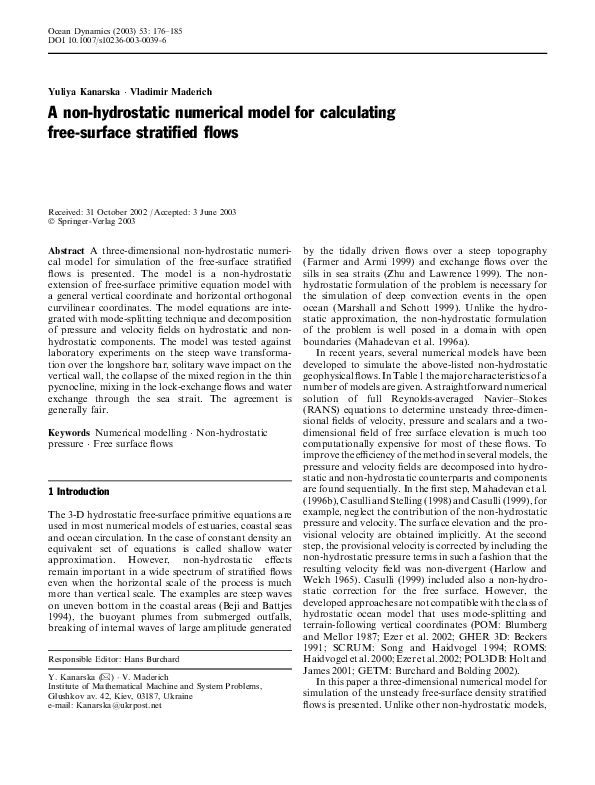 Pdf A Non Hydrostatic Numerical Model For Calculating Free Surface