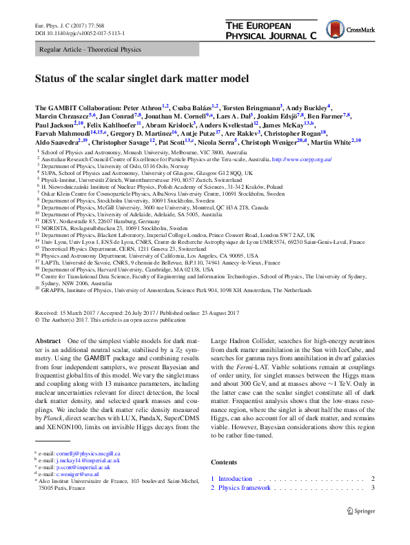 (PDF) Status of the scalar singlet dark matter model | Antje Putze - Academia.edu