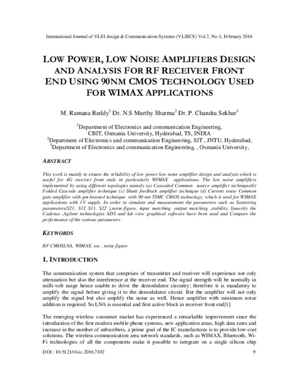 (PDF) Low Power, Low Noise Amplifiers Design and Analysis for RF Receiver Front end Using 90NM ...