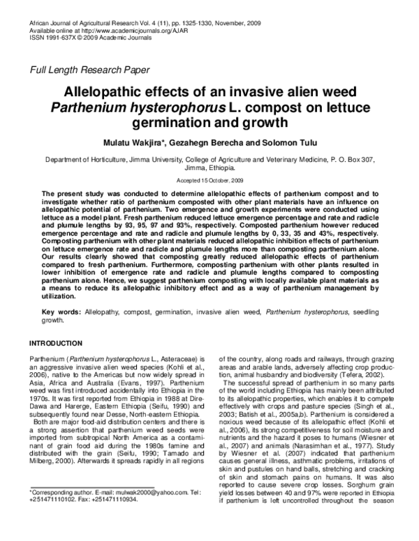 (PDF) Allelopathic effects of an invasive alien weed Parthenium ...