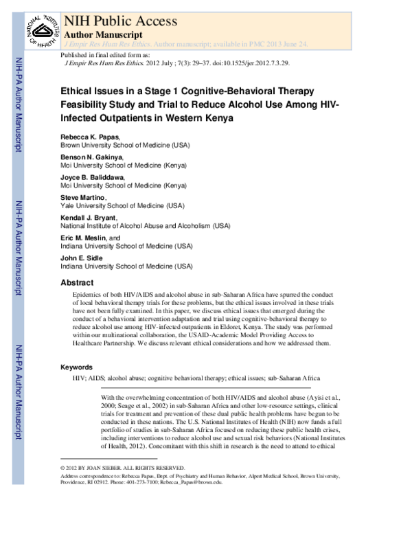(PDF) Ethical Issues in a Stage 1 Cognitive-Behavioral Therapy Feasibility Study and Trial to ...