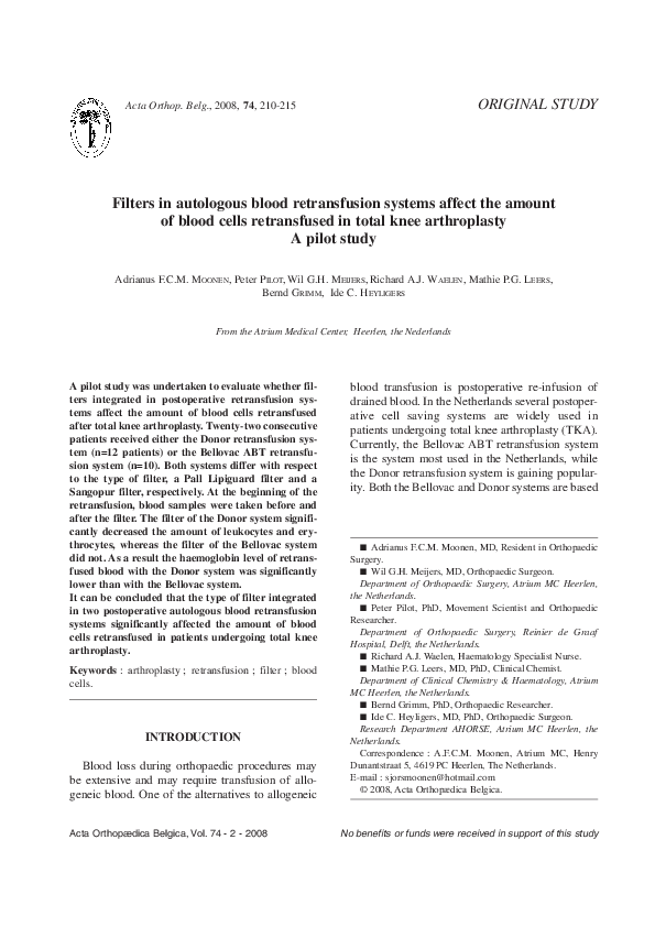 (PDF) Filters in autologous blood retransfusion systems affect the ...