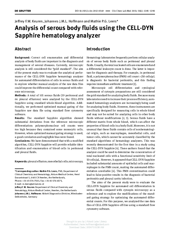 (PDF) Analysis of serous body fluids using the CELL-DYN Sapphire hematology analyzer