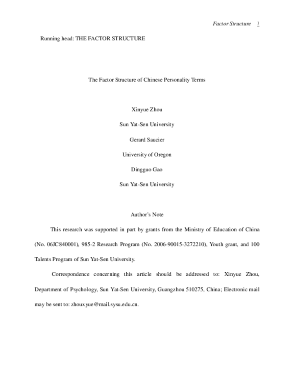 (PDF) The Factor Structure of Chinese Personality Terms