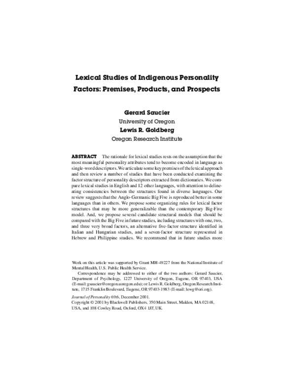 (PDF) Lexical Studies of Indigenous Personality Factors: Premises ...