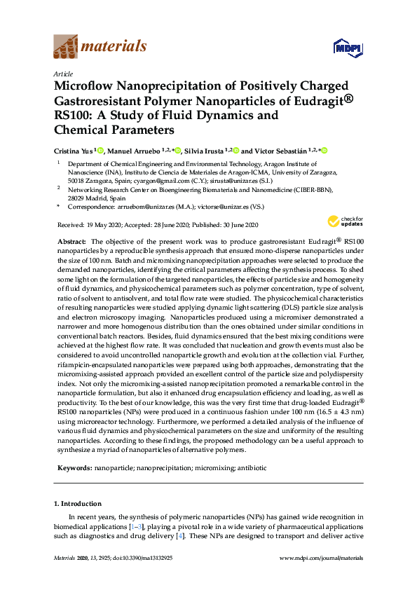Pdf Microflow Nanoprecipitation Of Positively Charged Gastroresistant Polymer Nanoparticles Of