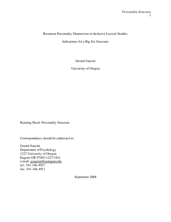 (PDF) Recurrent Personality Dimensions in Inclusive Lexical Studies ...