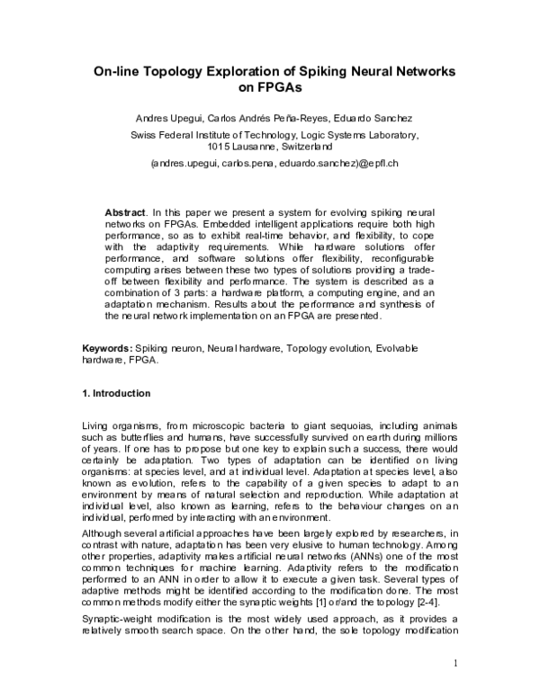 (PDF) On-line Topology Exploration of Spiking Neural Networks on FPGAs