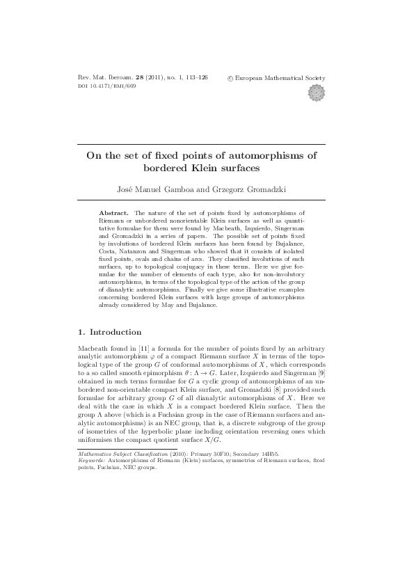 (PDF) On the set of fixed points of automorphisms of bordered Klein ...