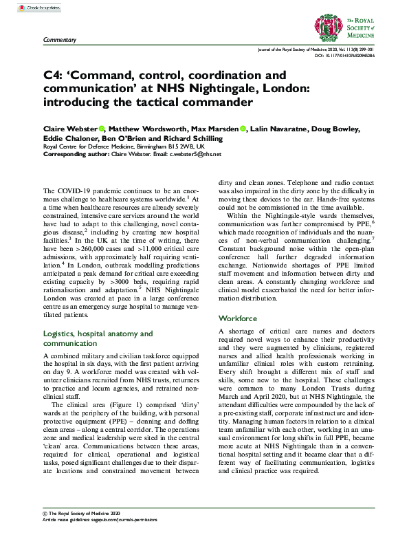 (PDF) C4: ‘Command, control, coordination and communication’ at NHS ...
