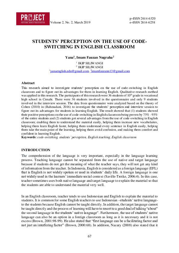(PDF) Students’ Perception on the Use of Code-Switching in English Classroom