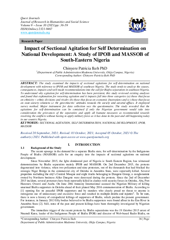(PDF) Impact of Sectional Agitation for Self Determination on National Development: A Study of ...