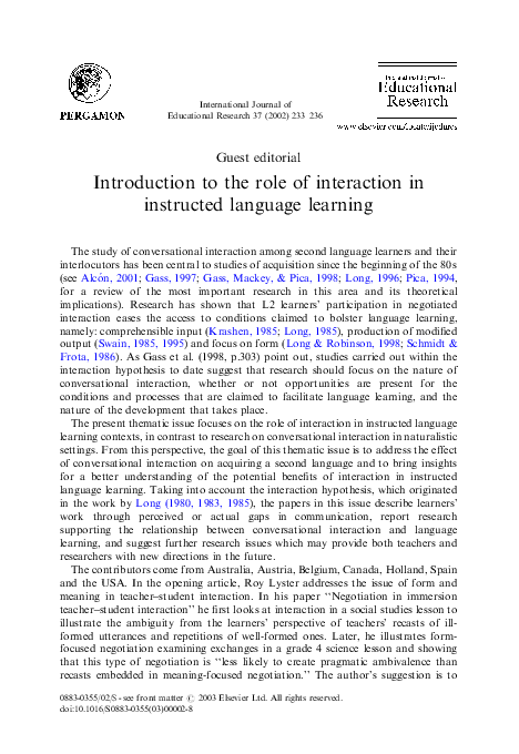 (PDF) Introduction to the role of interaction in instructed language ...