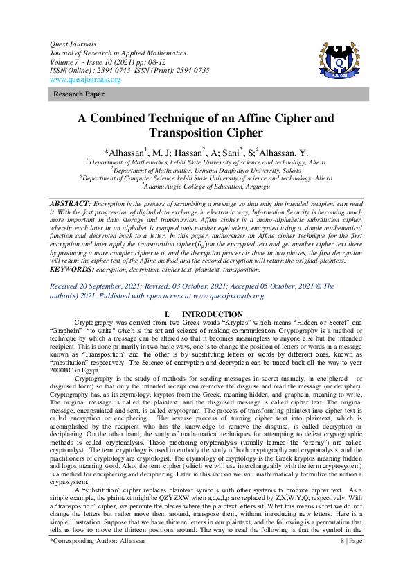 (PDF) A Combined Technique of an Affine Cipher and Transposition Cipher